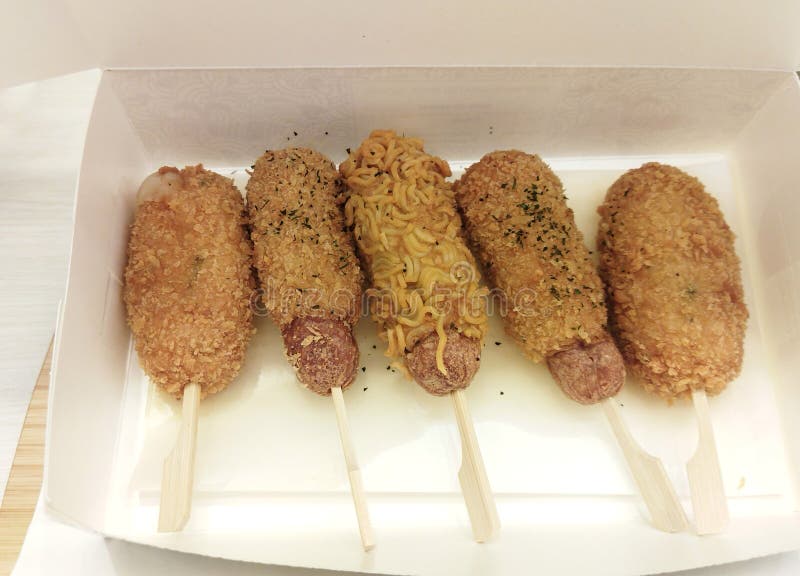 Delicious Variety of Corn Dogs in a Box, Top View Stock Image - Image ...