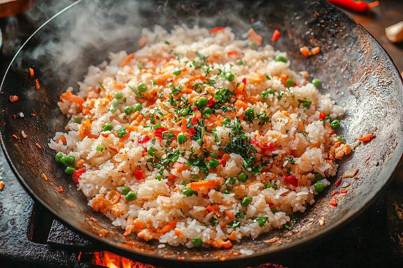 Delicious Vegetable Fried Rice Cooking in a Wok Over an Open Flame in a ...