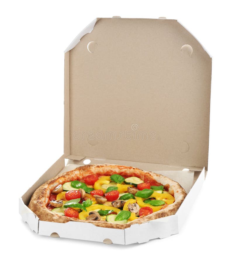 Delicious Vegetable Pizza in Cardboard Box on Background Stock Image ...