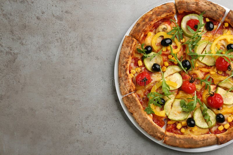 Delicious Vegetable Pizza on Table, Top View. Space for Text Stock ...