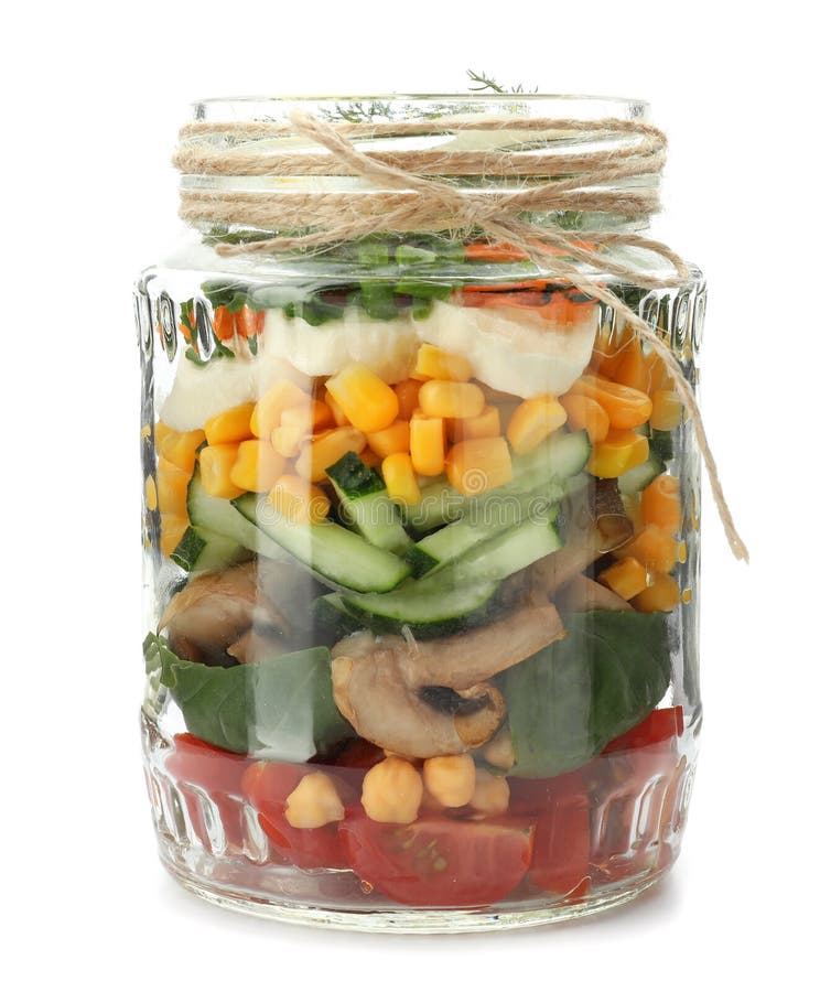 Delicious Vegetable Salad in Jar on White Background Stock Image ...
