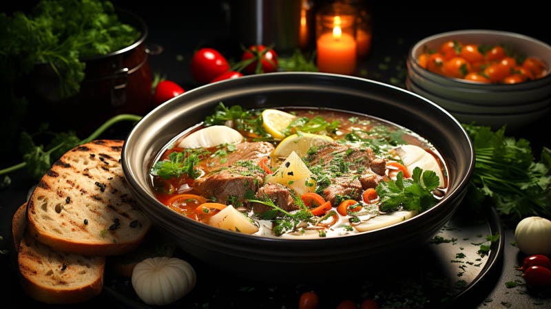 Delicious Vegetable Soup with Meat Inside Plate on the Grey Space Stock ...