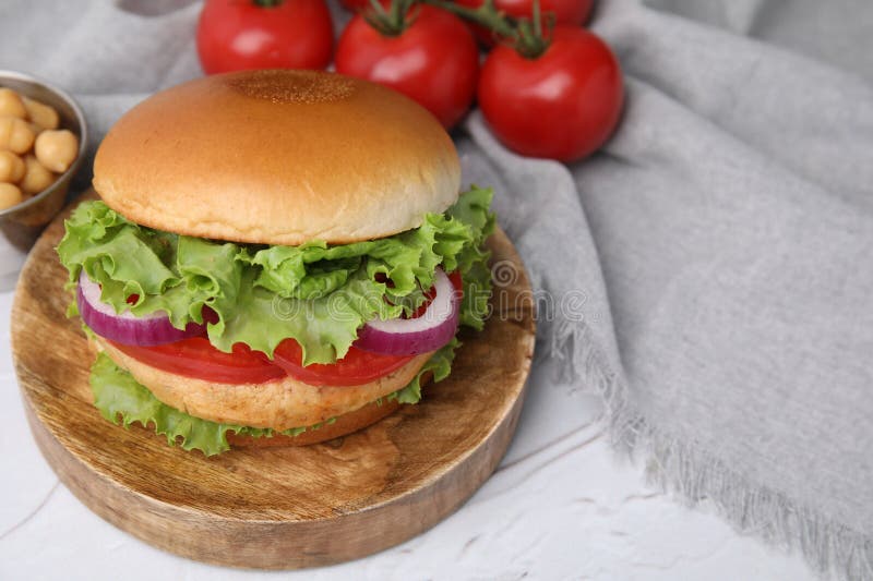 Delicious Vegetarian Burger with Chickpea Cutlet on White Table. Space for Text Stock Image ...