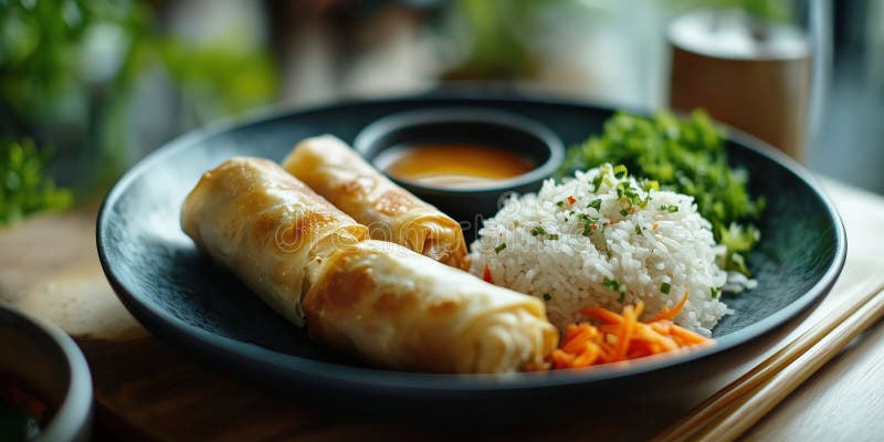 Delicious Vietnamese Spring Rolls Served with Rice and Fresh Vegetables ...