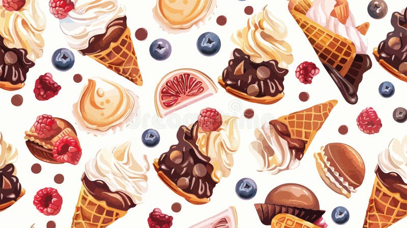 Delicious Waffle Set Pattern with Ice Cream Cone Vector Texture Stock ...