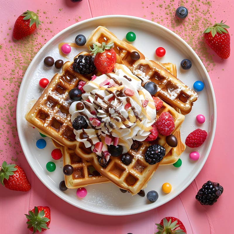 Delicious Waffle Stack with Whipped Cream and Fruit Stock Illustration ...