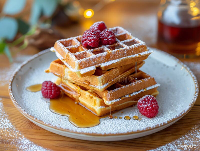 Delicious Waffle with Syrup and Berries Sprinkled with Powdered Sugar ...