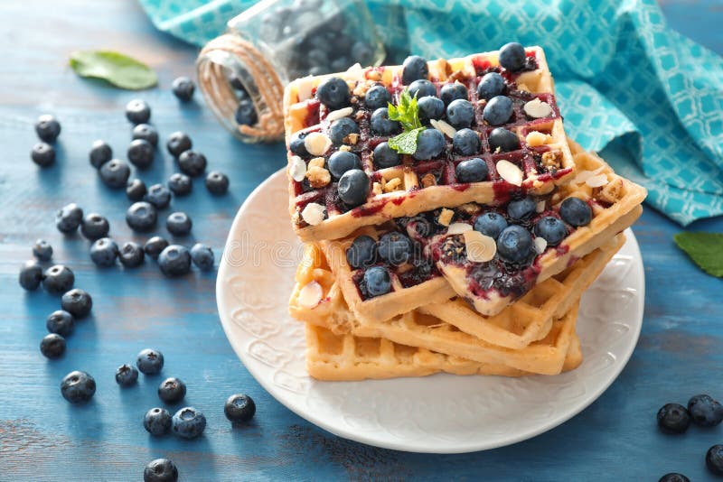 Delicious Waffles with Blueberries and Jam on Plate Stock Image - Image ...