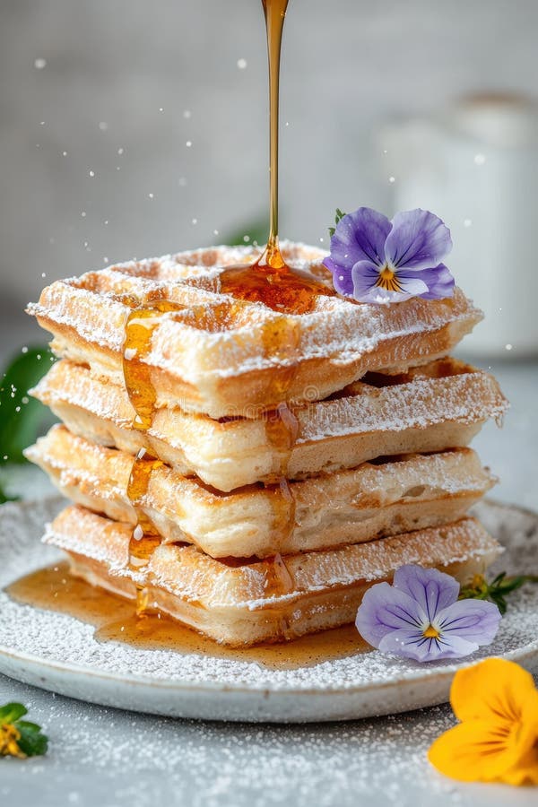 Delicious Waffles with Maple Syrup and Flowers Stock Illustration - Illustration of stack ...