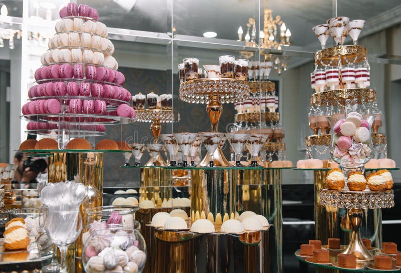 Delicious Wedding Reception Candy Bar Dessert Table. Macaroon on Candy ...