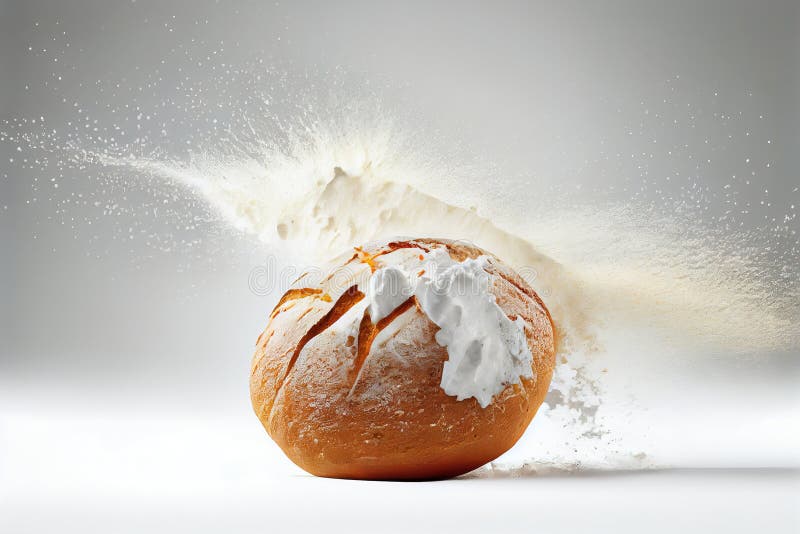 Delicious Wheat Bread in Motion with Flour on a Table with White ...
