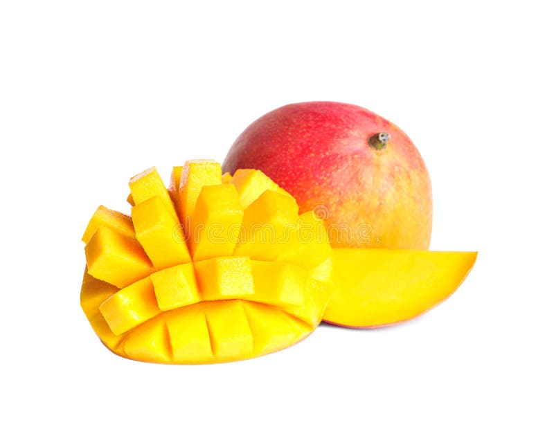 Delicious Whole and Cut Mangoes on White Background Stock Image - Image ...