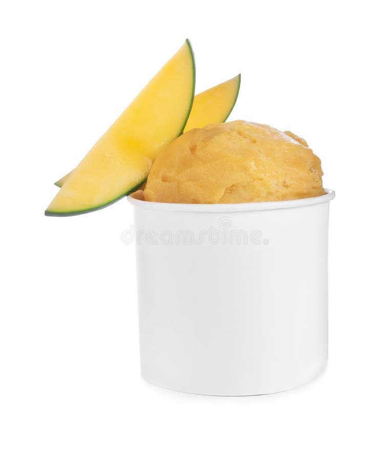 Delicious Yellow Ice Cream with Mango in Paper Cup Isolated on White ...