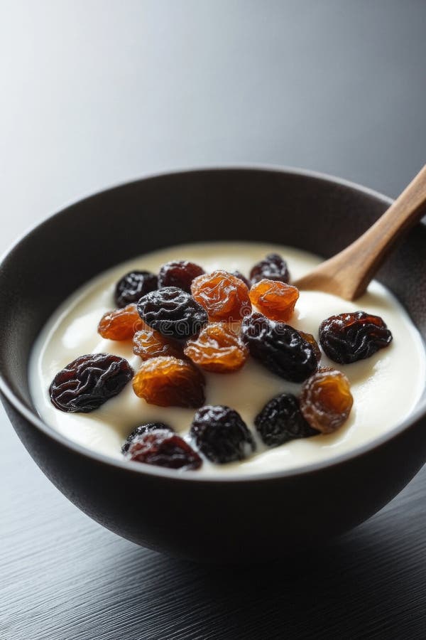 Delicious Yogurt with Mixed Raisins in Black Bowl Stock Photo - Image ...