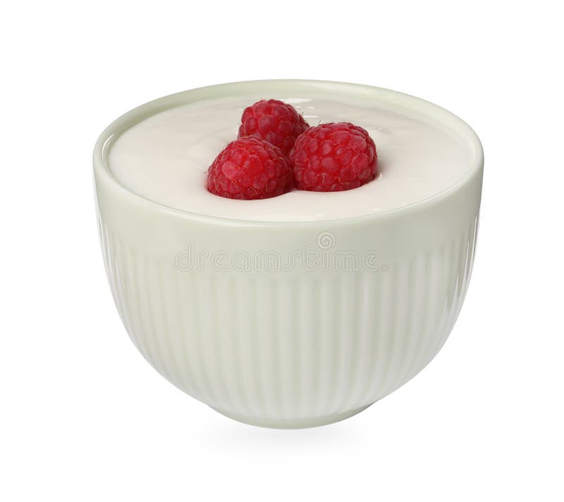 Delicious Yogurt with Raspberries in Bowl Isolated on White Stock Photo ...