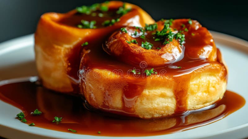 Delicious Yorkshire Pudding Drizzled with Rich Gravy on a Plate Stock ...