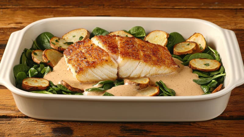 Deliciously Baked Cod with Spinach and Crispy Potatoes in Creamy Sauce ...