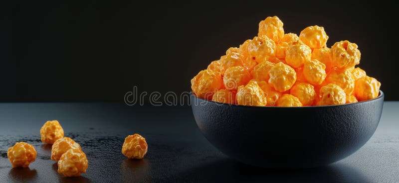 Deliciously Cheesy Popcorn Piled High in Black Bowl on Dark Background ...