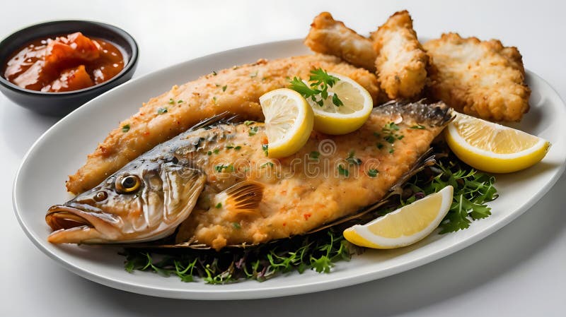 Deliciously Crispy Pan-Seared Fish with Lemon Stock Illustration ...