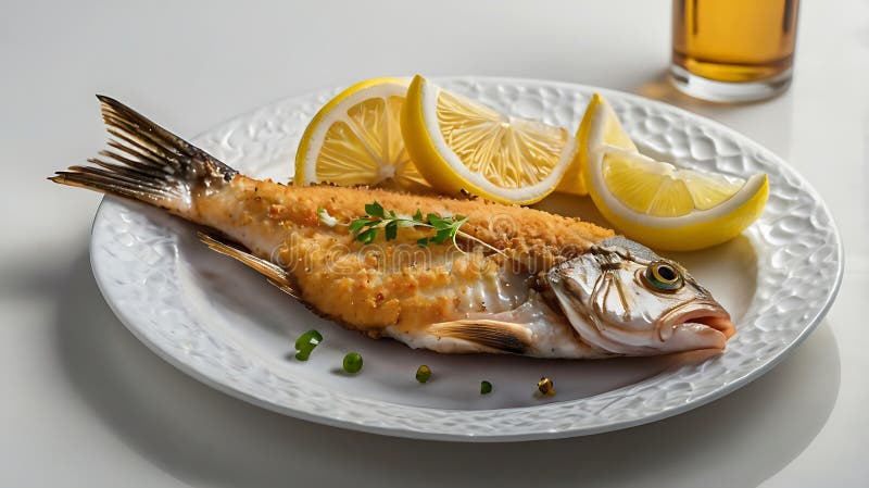 Deliciously Crispy Pan-Seared Fish with Lemon Stock Illustration ...
