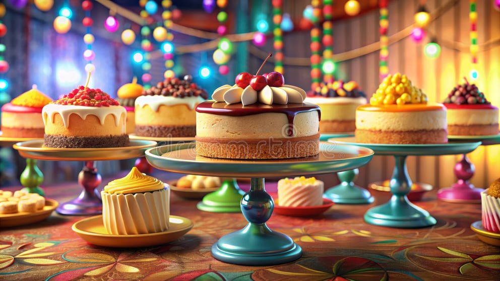 Deliciously Displayed Cheesecakes a Vibrant 3D Flat Design Feast Stock ...