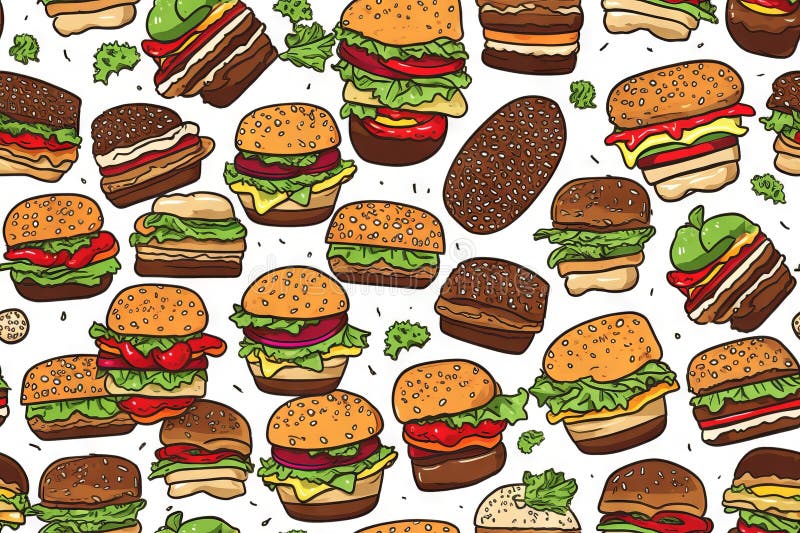 Deliciously Fun Low Density Burger Doodle Seamless Pattern, Generative ...