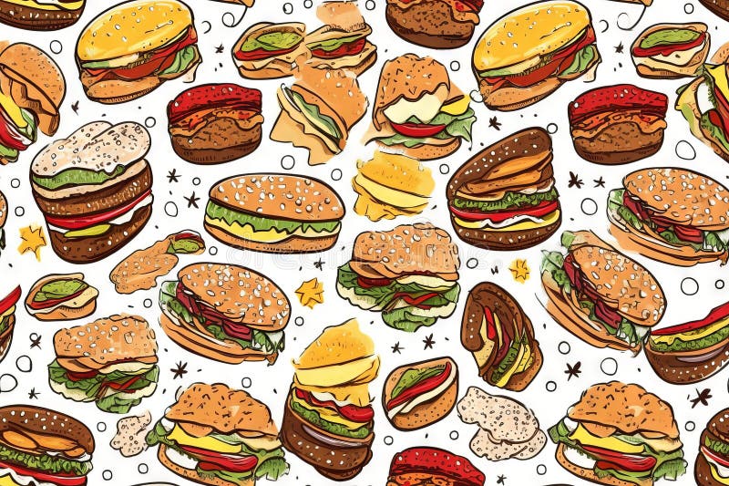 Deliciously Fun Low Density Burger Doodle Seamless Pattern, Generative ...