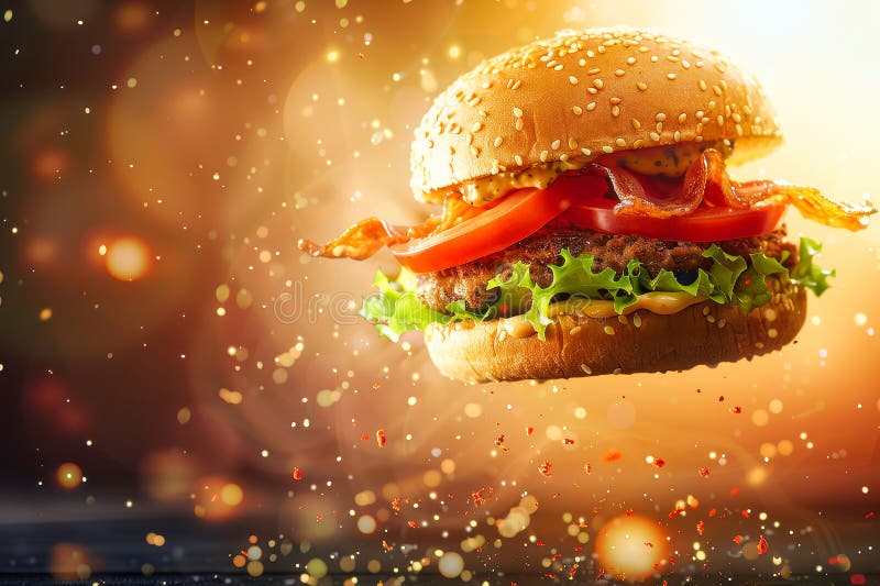 A Deliciously Juicy Burger Soaring through the Air Stock Photo - Image ...