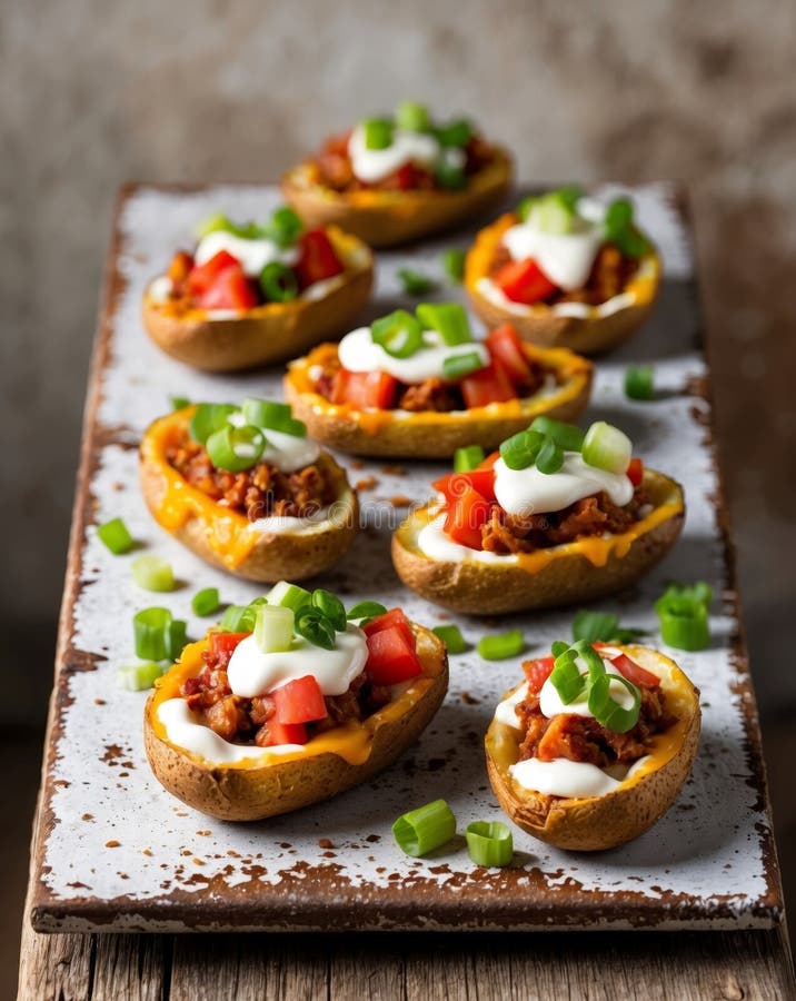 Deliciously Styled Loaded Potato Skins on Rustic Table Stock Photo ...