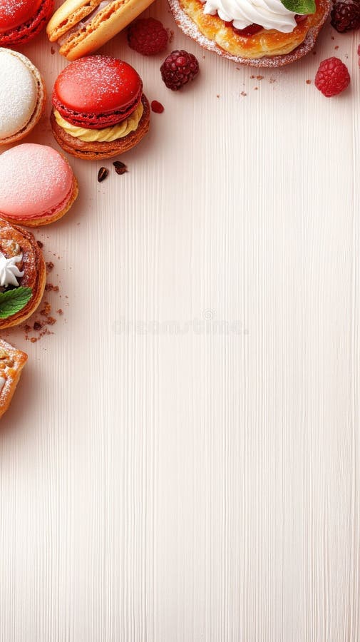 Fresh Pastries Including Eclairs Tarts and Macarons on a Cream Gradient ...