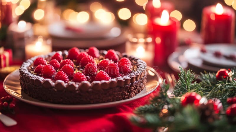 Rich Chocolate Raspberry Torte on Festive Table Surrounded by Soft Glow ...