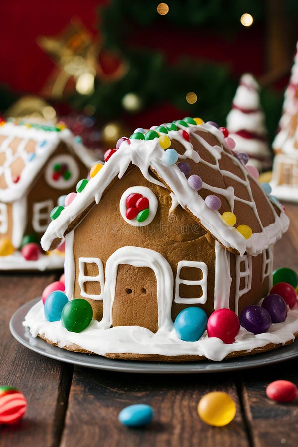 Decorated Gingerbread House with Icing and Candies on a Table Stock ...