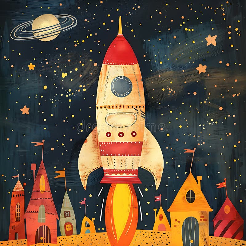 Cartoon of a Rocket Ship in Space Suitable for a Nursery or Kids Room ...