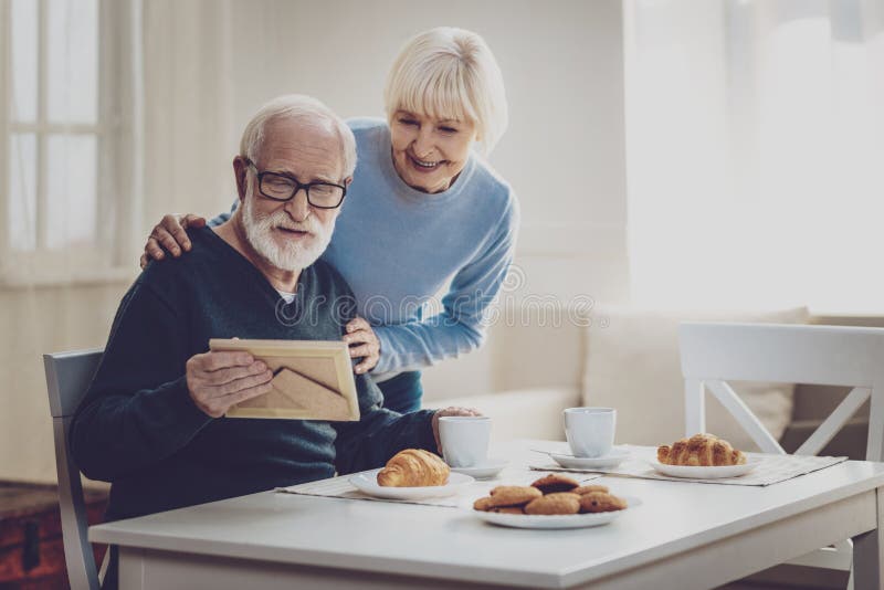 Delighted Aged People Remembering Their Wedding Stock Photo - Image of ...