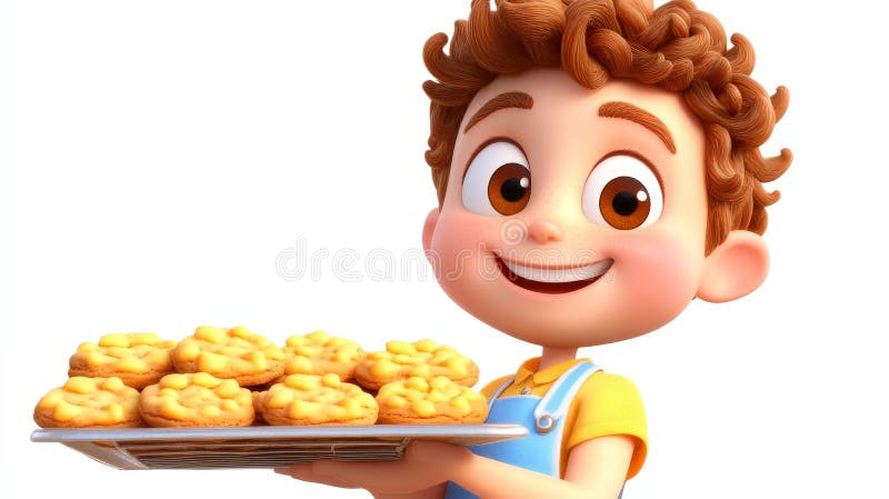 A Delighted Cartoon Boy Presenting a Tray of Cookies Fresh from Baking ...