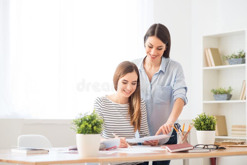 Delighted Girls Working on the Project Stock Image - Image of glad ...