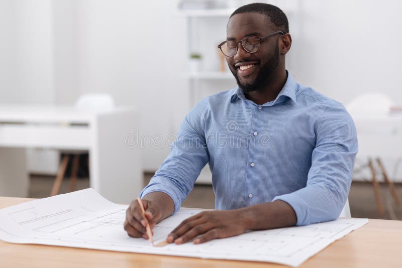Delighted Joyful Man Doing an Engineering Drawing Stock Photo - Image ...