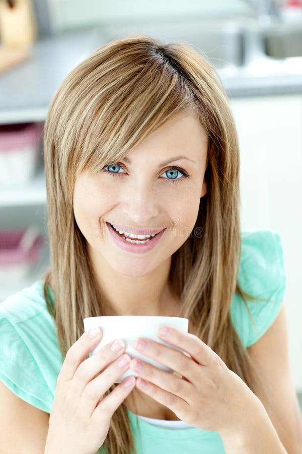 Delighted Woman Holding a Cup of Tea Stock Photo - Image of joyous ...