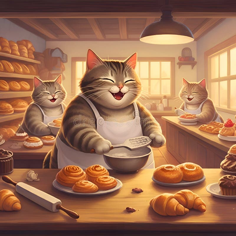 AI-Generated Cozy Bakery Scene with Three Happy Cats Baking Pastries ...