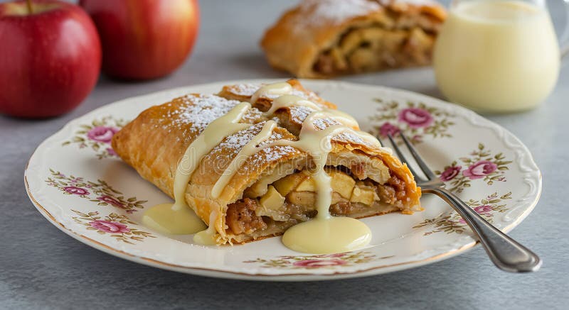 A Delightful Apple Strudel with Custard on a Floral Plate - Generated ...