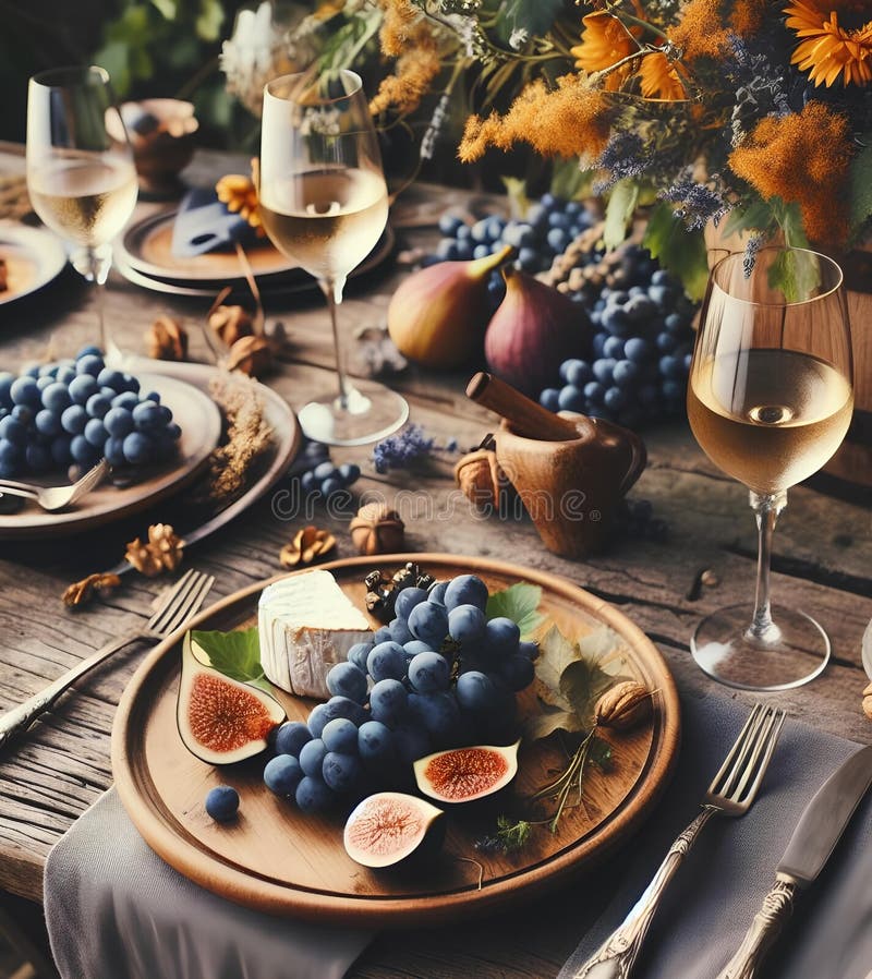 A Delightful Arrangement of Cheese, Wine, Fruit on a Charming Table ...