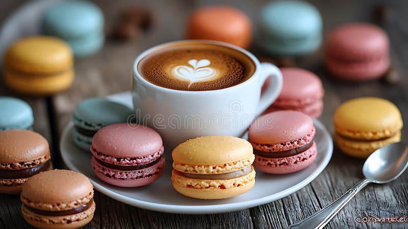 Delightful Arrangement of Colorful Macarons beside Cup of Coffee ...
