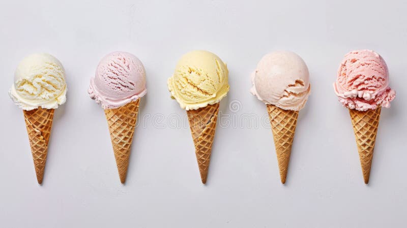 A Delightful Arrangement of Five Ice Cream Scoops in Waffle Cones ...