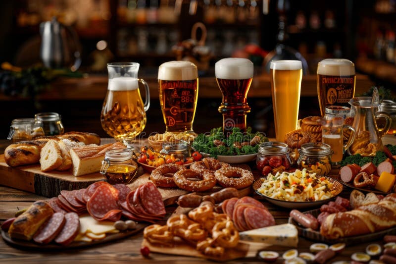 A Delightful Array of Artisanal Snacks and Craft Beers Displayed on a ...