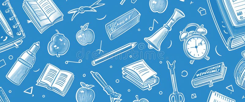 Hand-Drawn Educational Tools Pattern on Blue for School Projects and ...