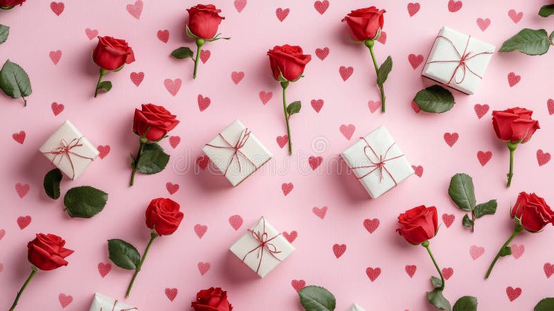 A Delightful Array of Roses and Gift Boxes, Nestled on a Soft Pink ...