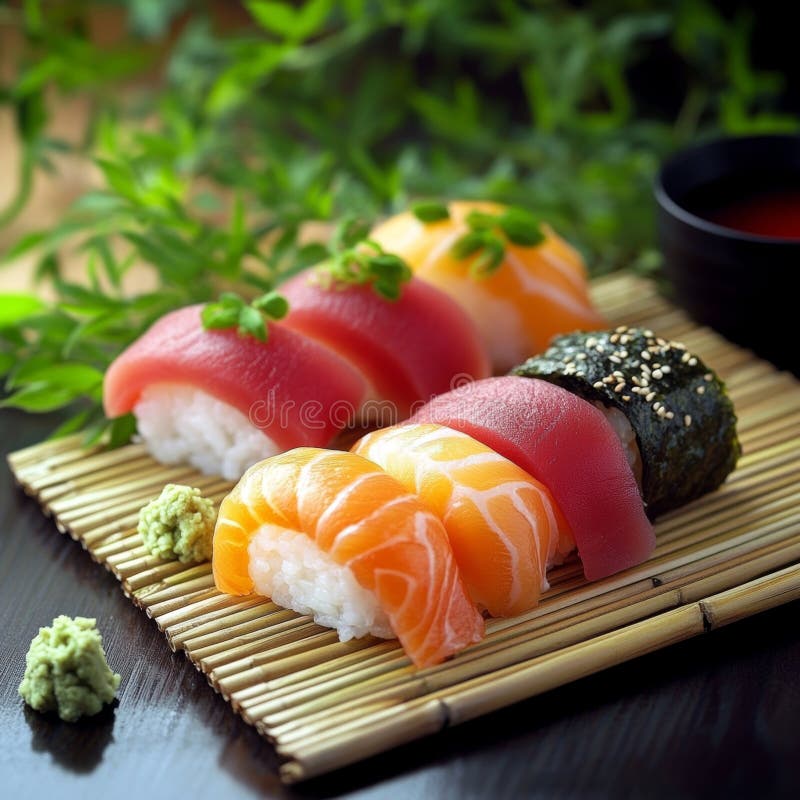 Delightful Array of Sushi Rolls Served on a Bamboo Mat with Wasabi and ...