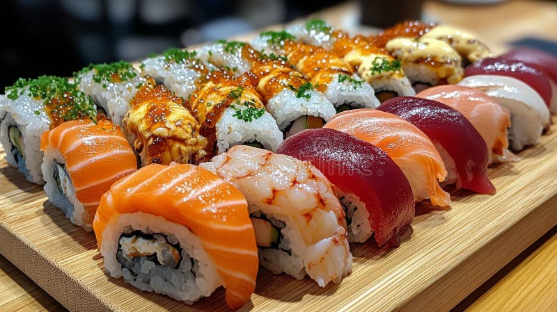 Delightful Array of Sushi Types Displayed on Wooden Platter at a ...