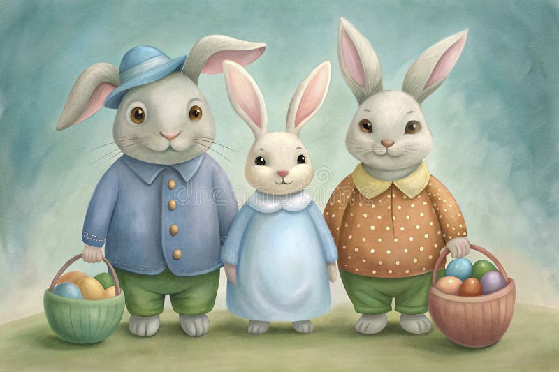 A Joyful Family of Rabbits Celebrating Easter with Colorful Eggs in a ...