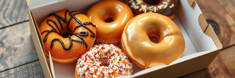 Delightful Assortment of Fresh Donuts in a Box on a Wooden Table Ready ...